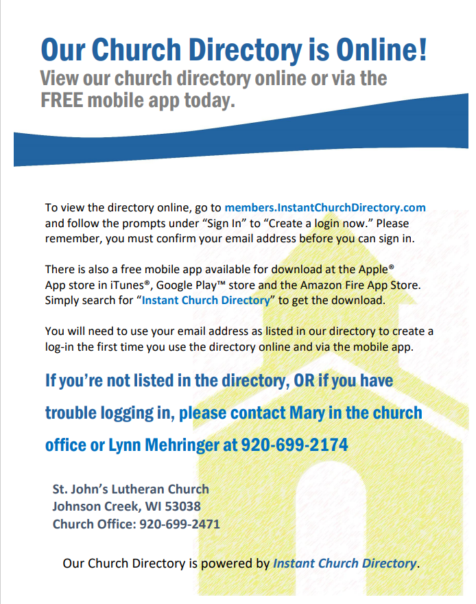 Church Directory – St. John's Lutheran Church – Johnson Creek, WI